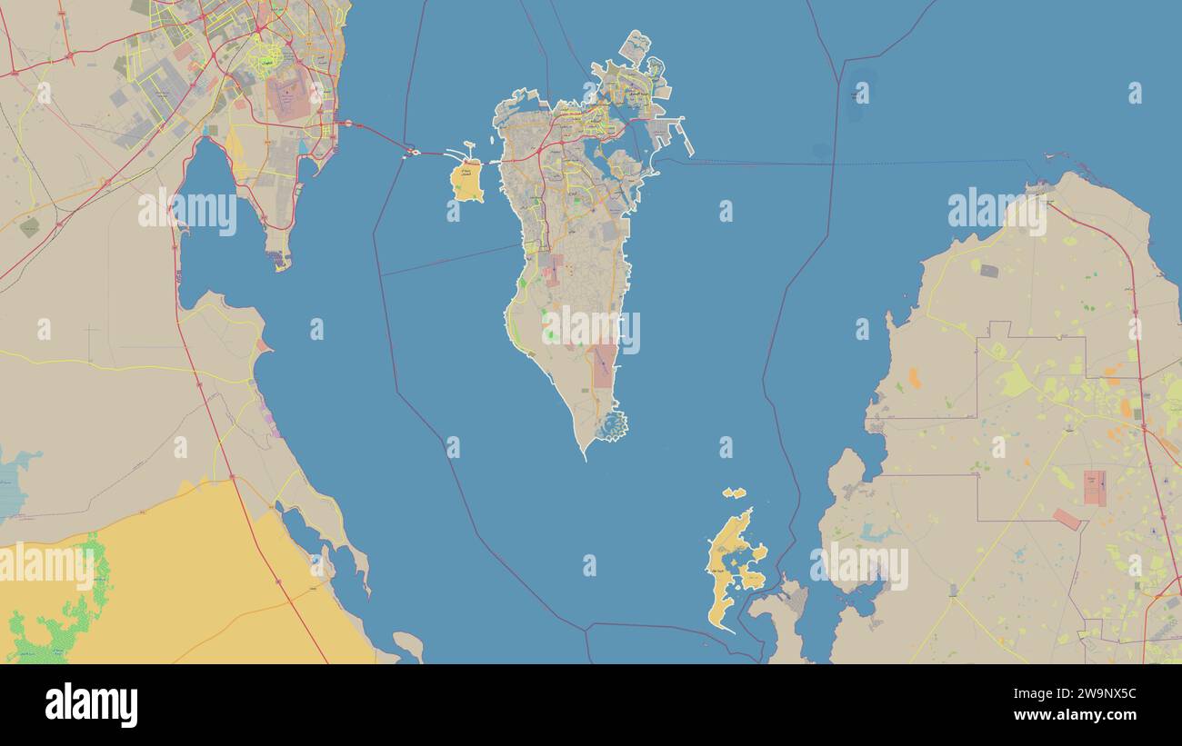 Bahrain outlined on a topographic, OSM standard style map Stock Photo ...