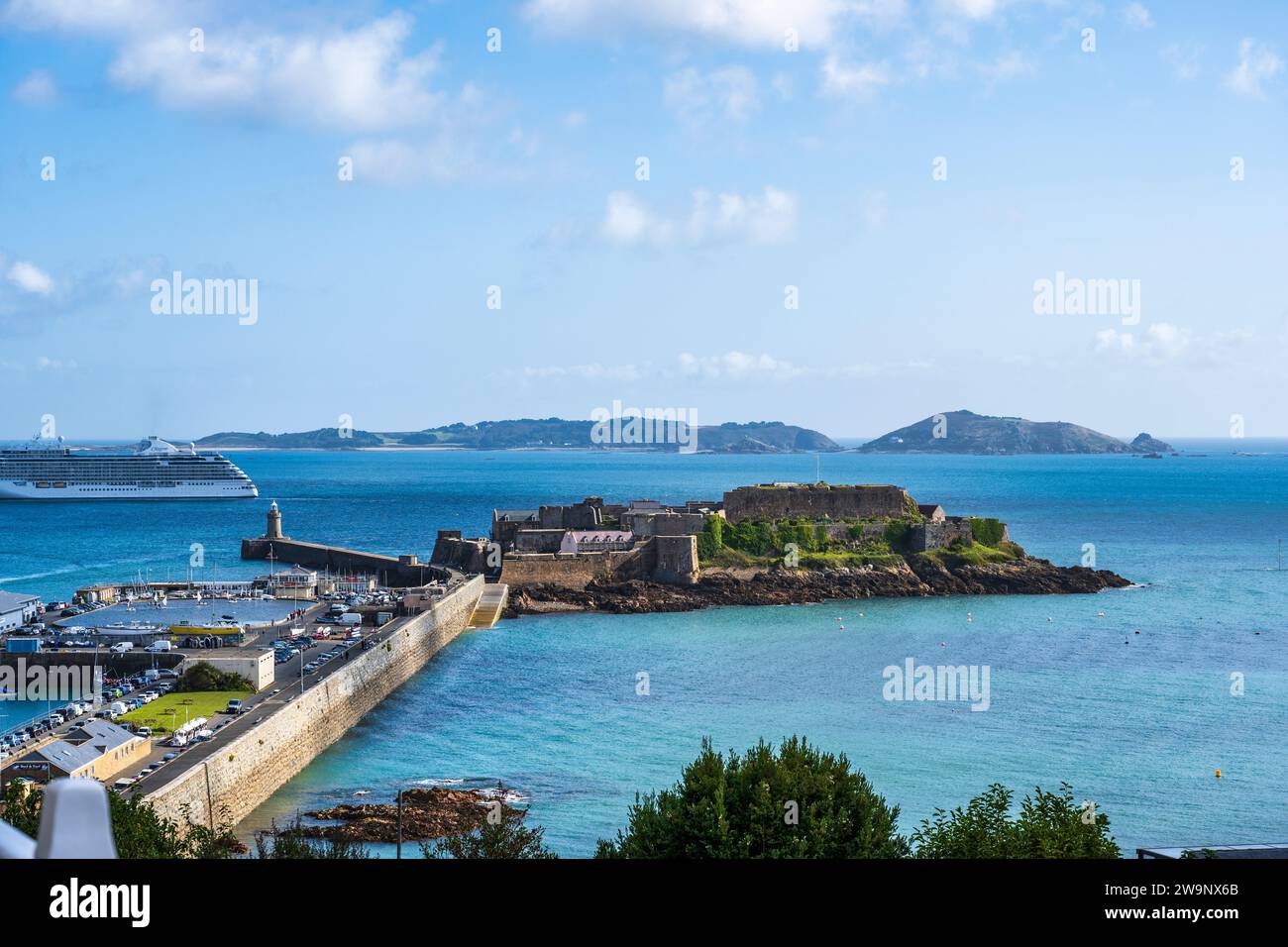 Castle Pier and Castle Cornet, with Island of Sark in distance, viewed ...