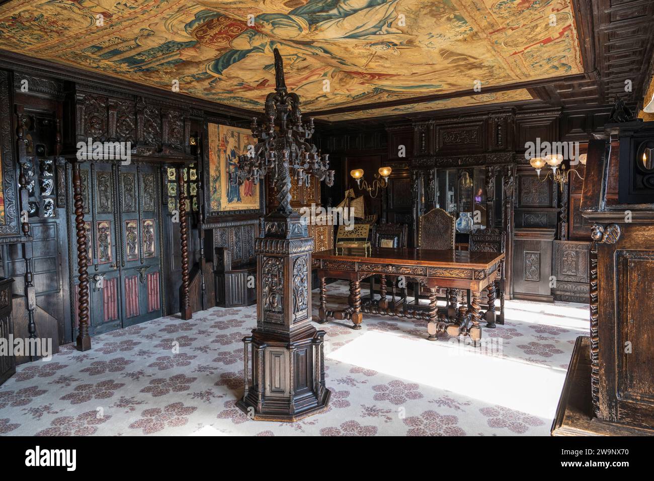 Carved oak panelling and tapestry ceiling in upper floor of Hauteville ...