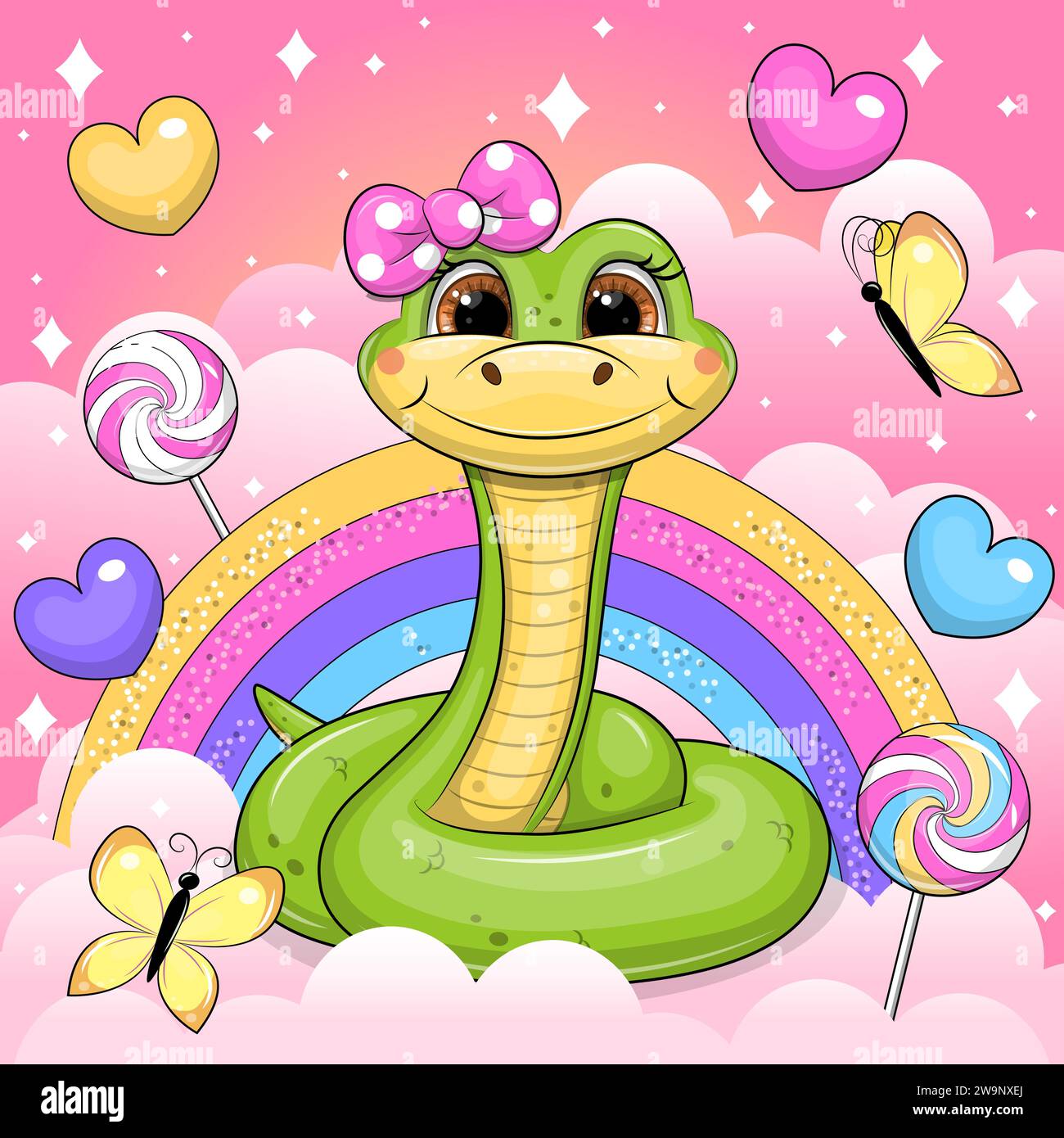 A cute cartoon green snake with a pink bow stands in the clouds. Vector ...