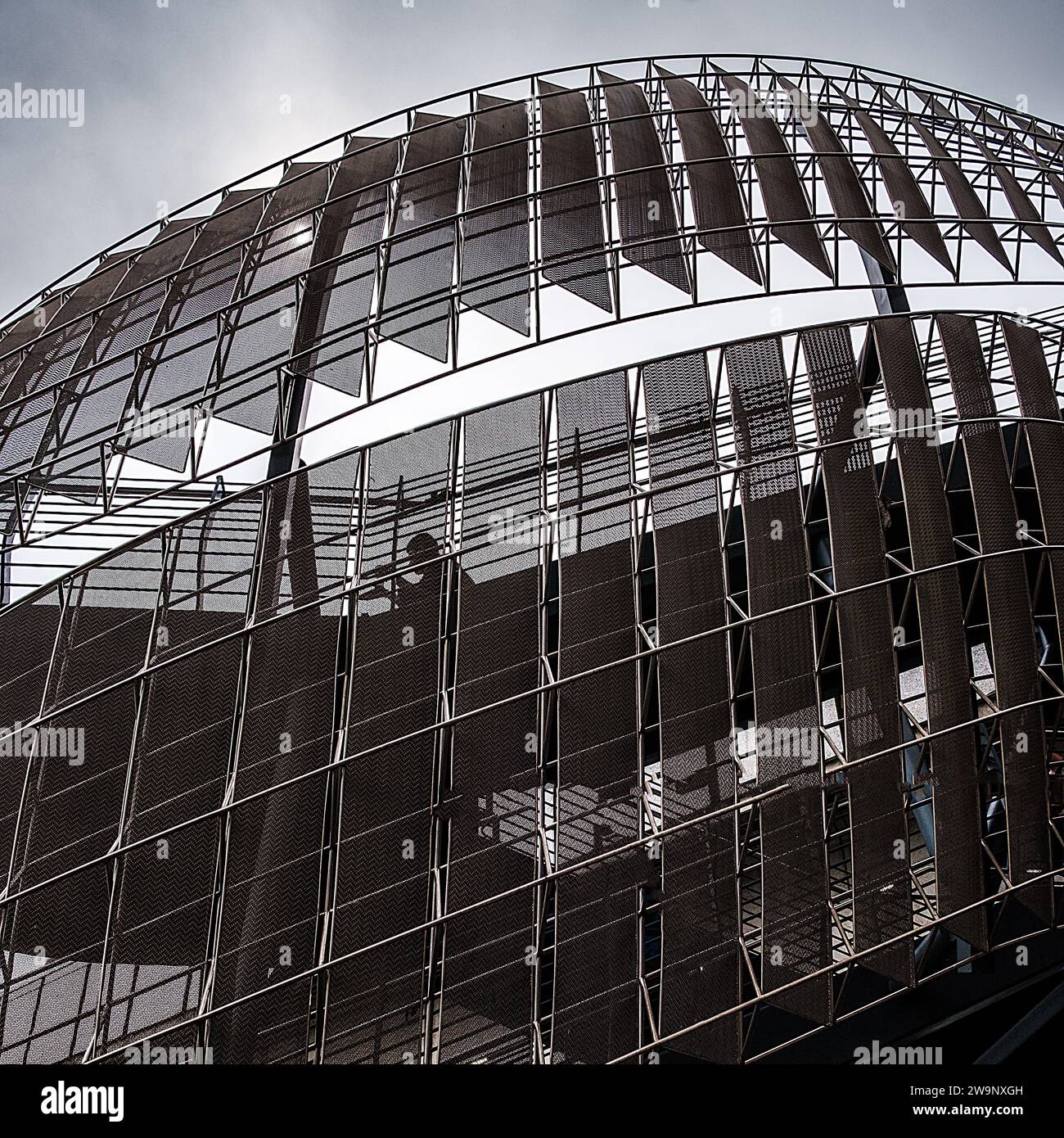 Black & white close-up of modern architectural structure, with curved ...