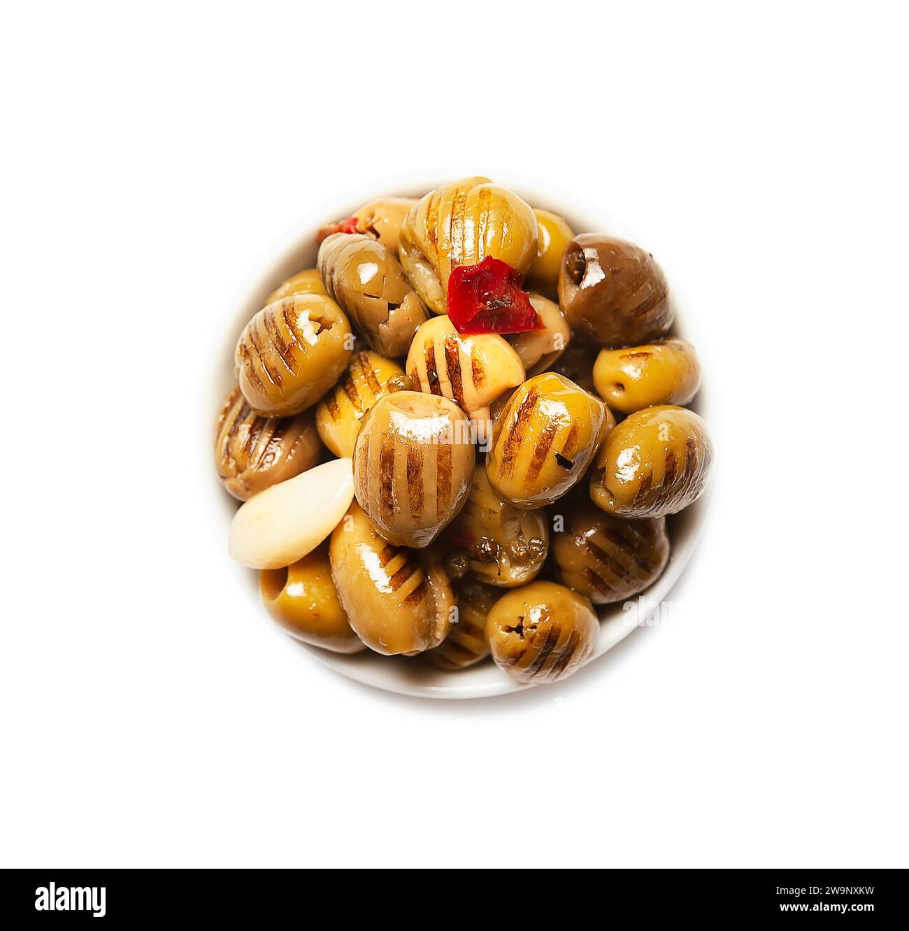 Grilled green olives in oil, pitted, with red hot pepper and garlic ...