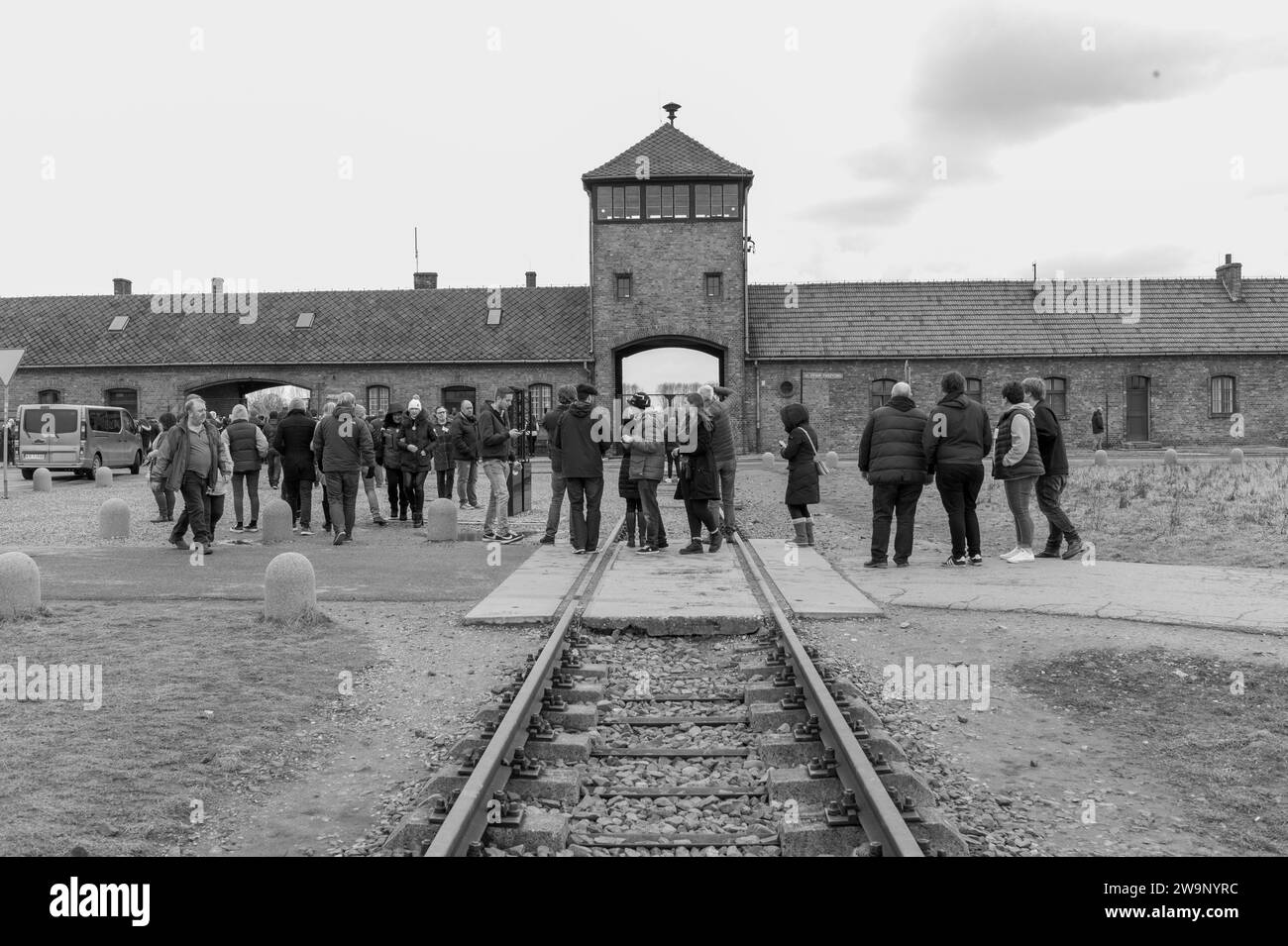 Rail tracks and entry to Auschwitz Birkenau concentration camps, Poland ...