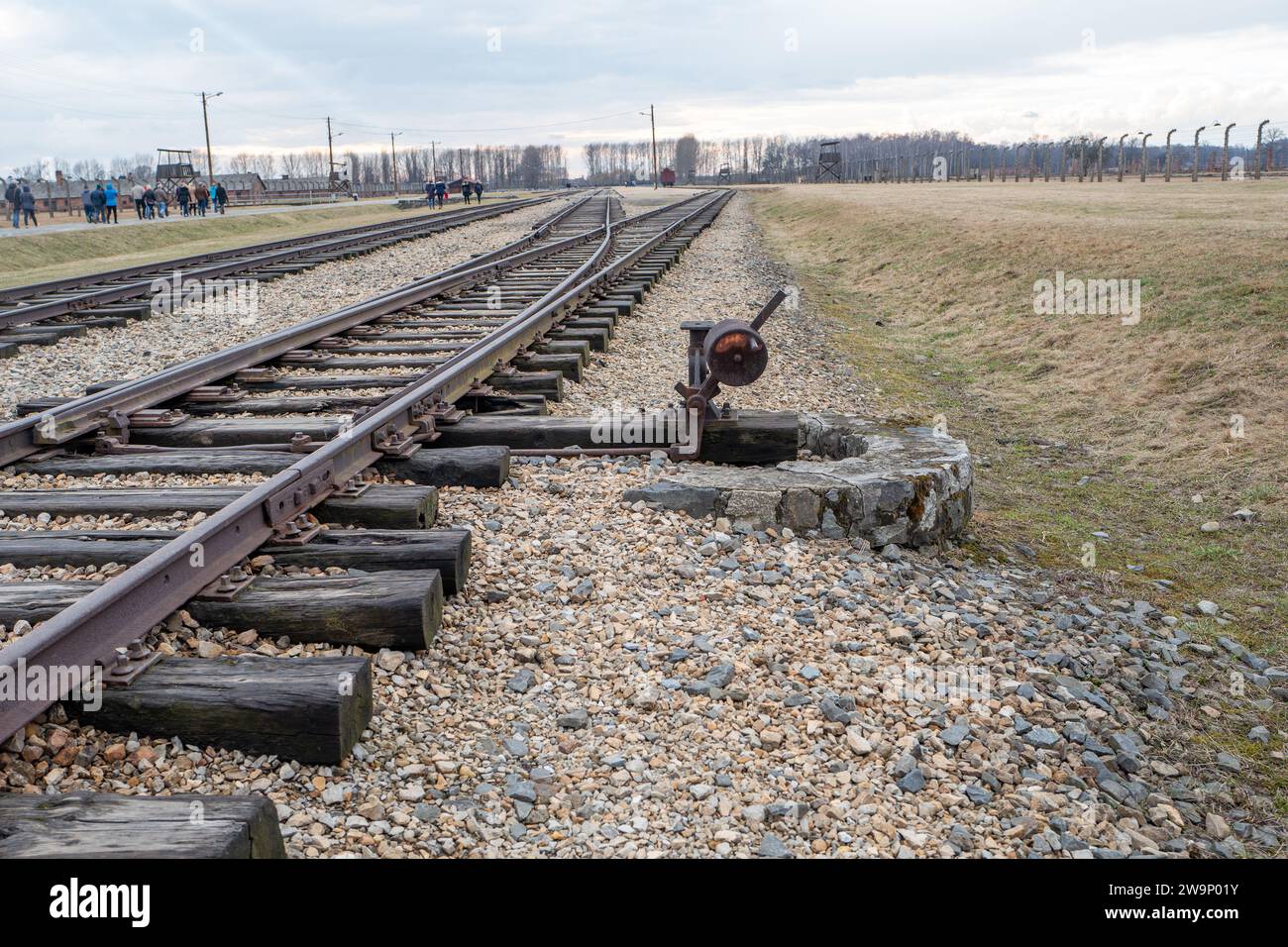 Rail tracks and entry to Auschwitz Birkenau concentration camps, Poland ...