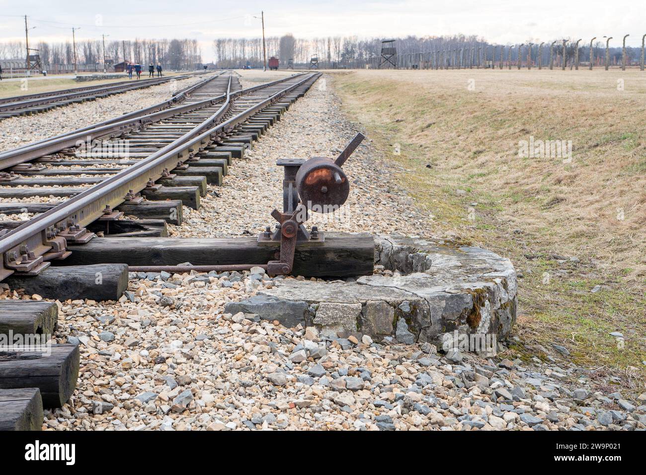 Rail tracks and entry to Auschwitz Birkenau concentration camps, Poland ...
