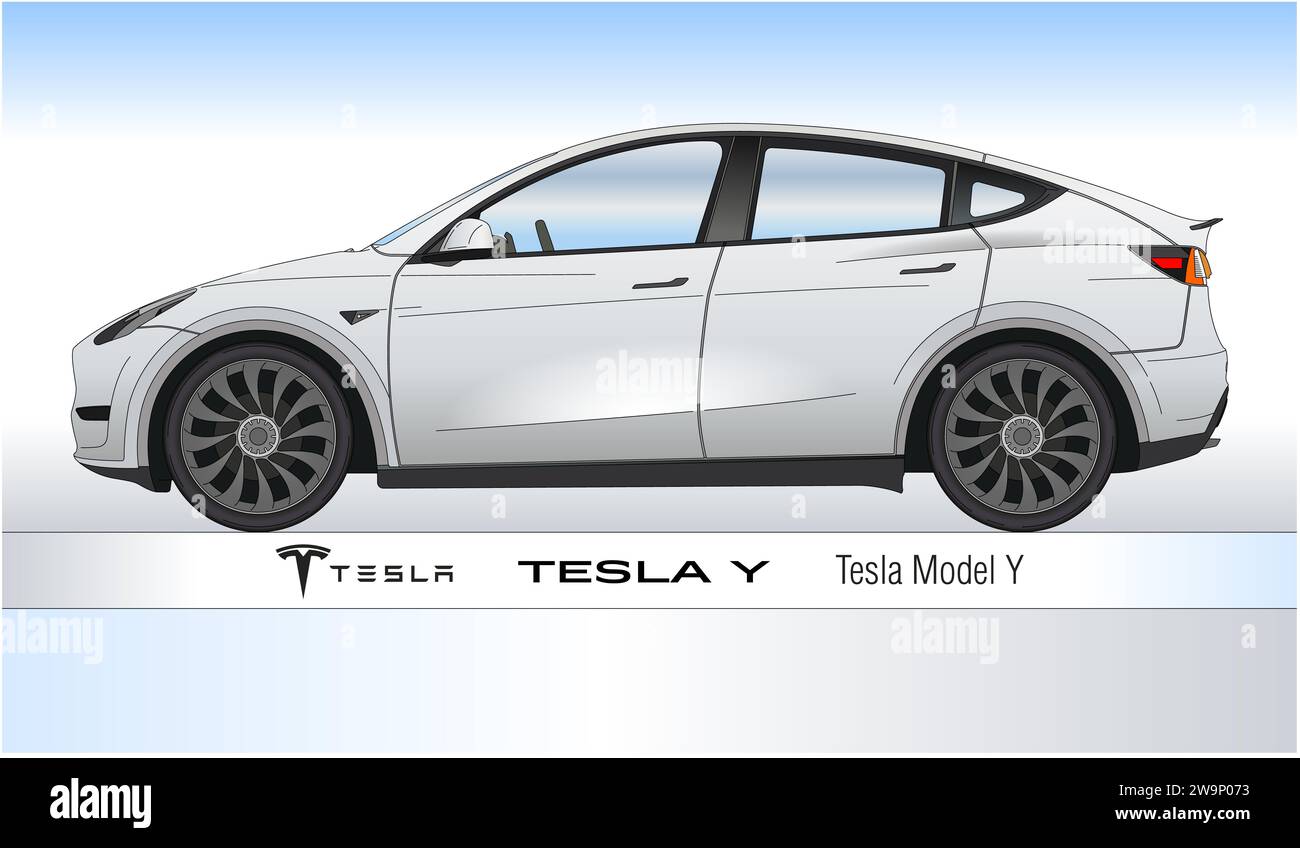 USA, year 2020, Tesla electric car model Y silhouette, coloured ...