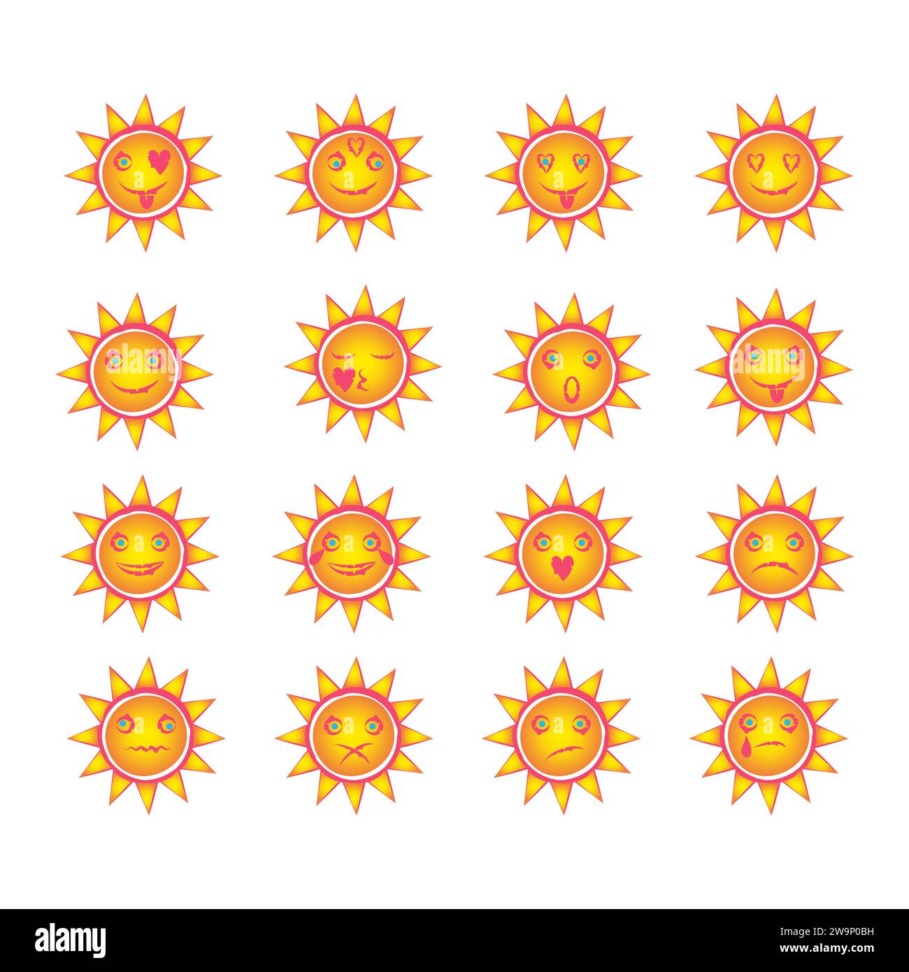 Set of suns. Emotions are different suns. Yellow faces. Emoji. Vector ...