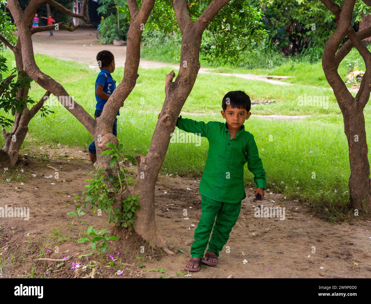 Two young Indian children around trees. Lucknow, Uttar Pradesh, India ...