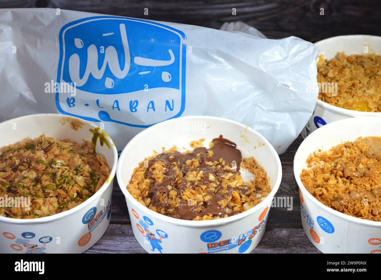 Cairo, Egypt, December 18 2023: Sweet Koshary from B.Laban made of ...