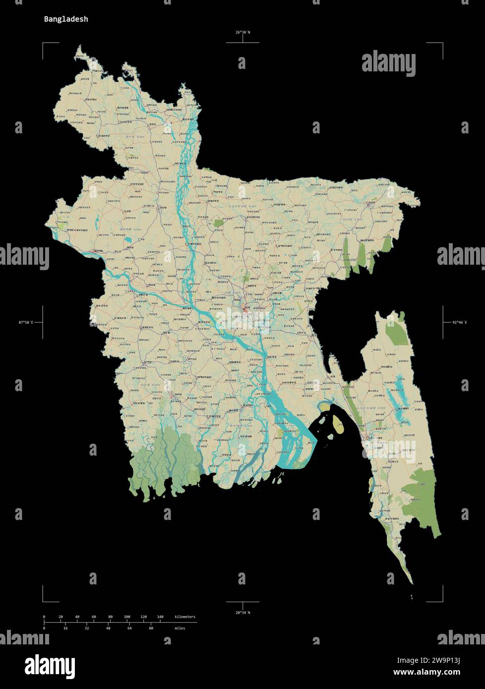 Shape of a topographic, OSM Humanitarian style map of the Bangladesh ...