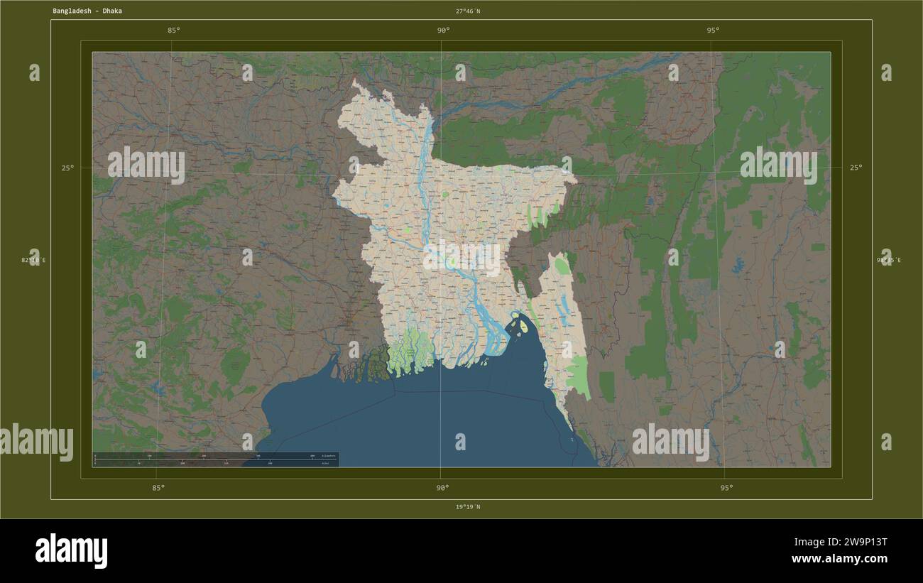 Bangladesh highlighted on a topographic, OSM standard style map map ...