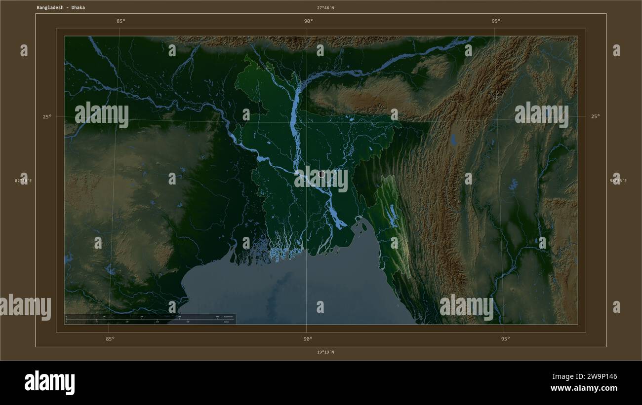 Bangladesh highlighted on a Colored elevation map with lakes and rivers ...