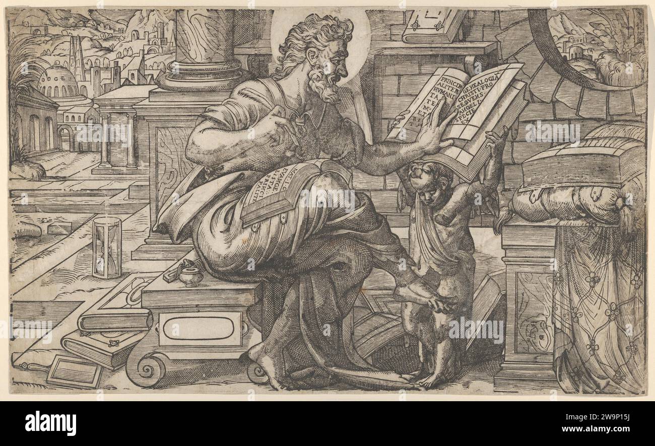 Saint Matthew seated and reading from a book held by a putto, set ...