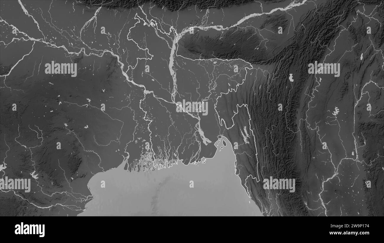 Bangladesh outlined on a Grayscale elevation map with lakes and rivers ...
