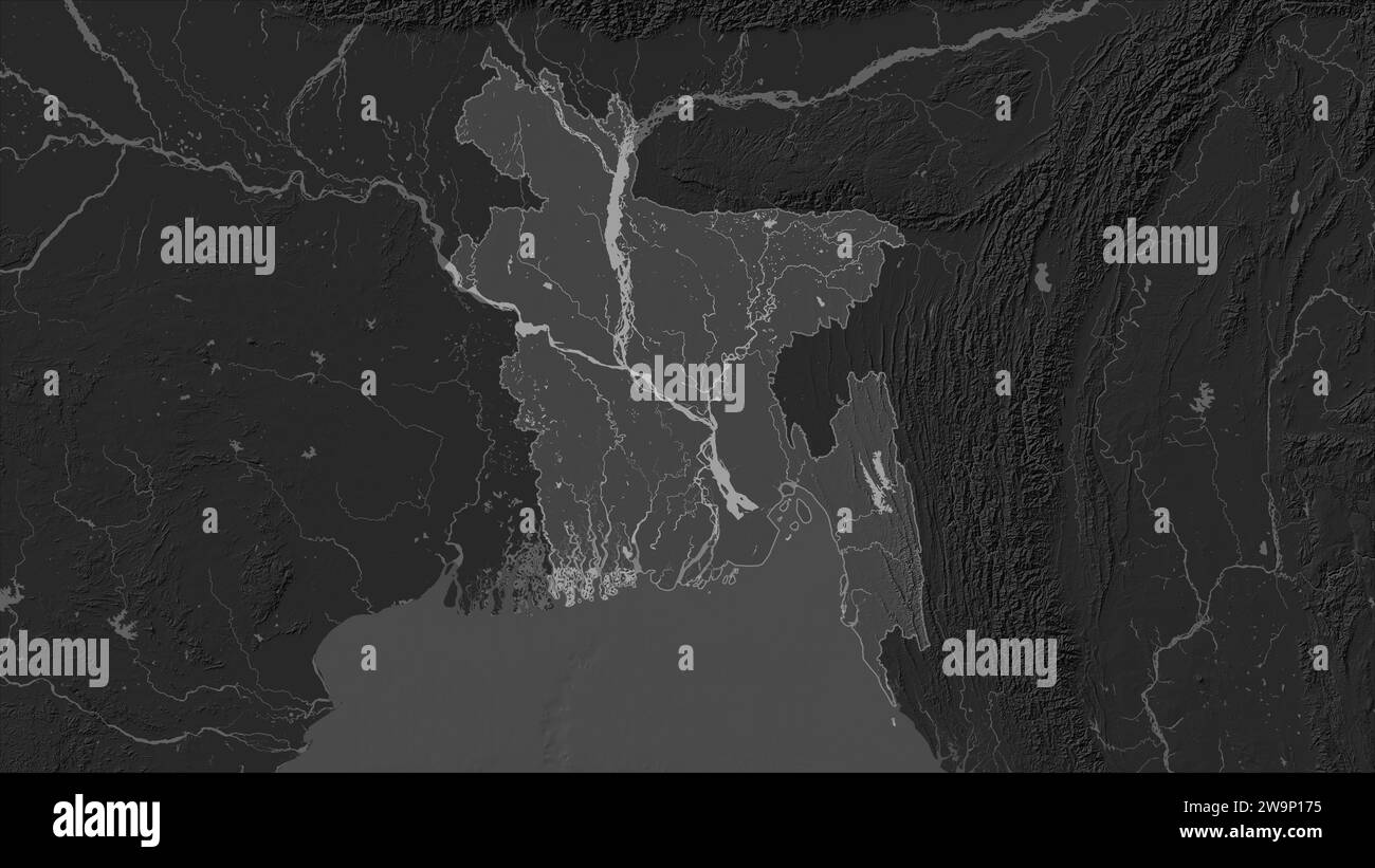 Bangladesh highlighted on a Bilevel elevation map with lakes and rivers ...
