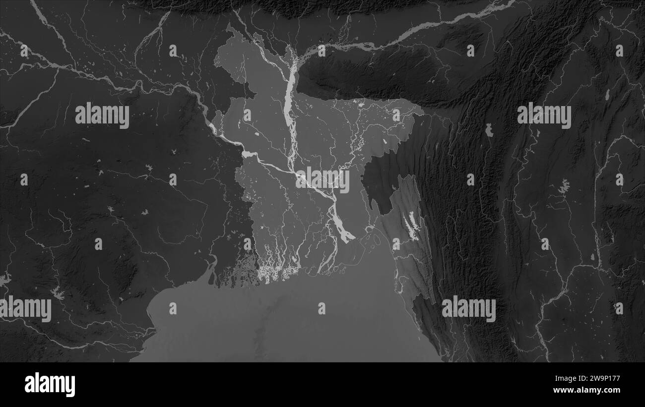 Bangladesh highlighted on a Grayscale elevation map with lakes and ...