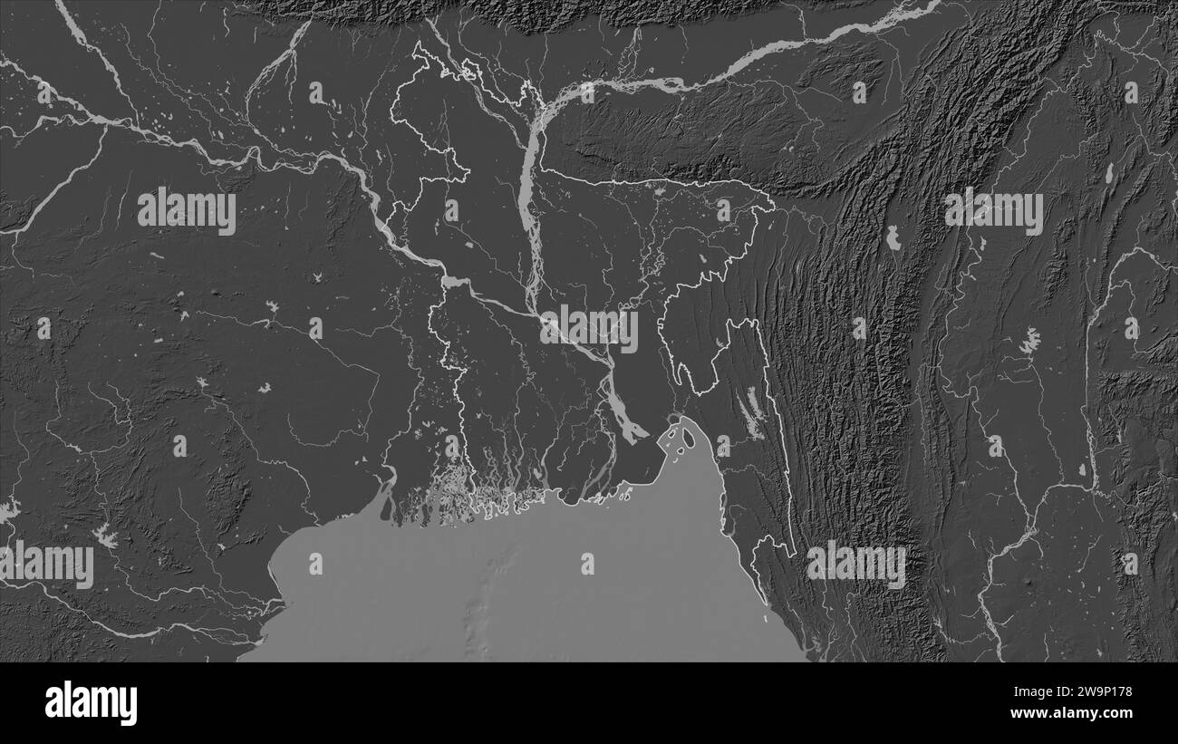 Bangladesh outlined on a Bilevel elevation map with lakes and rivers ...