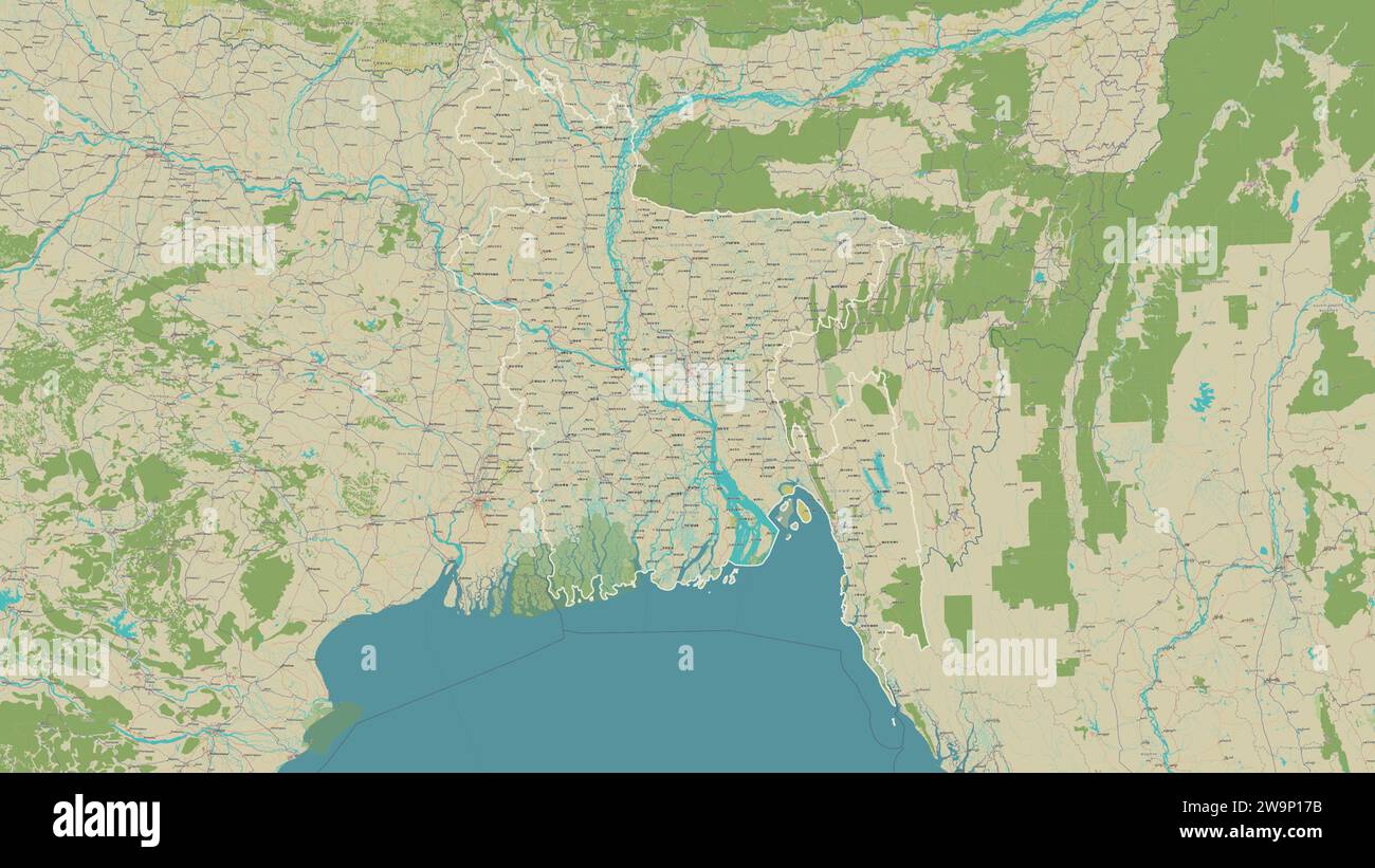 Bangladesh outlined on a topographic, OSM Humanitarian style map Stock ...