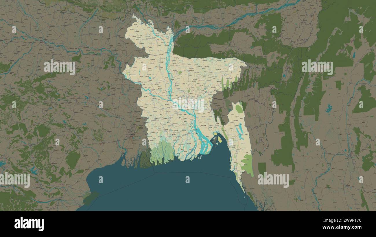 Bangladesh highlighted on a topographic, OSM Humanitarian style map ...