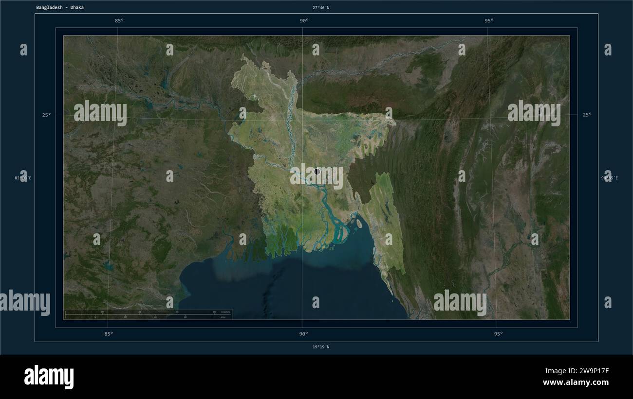 Bangladesh highlighted on a high resolution satellite map map with the ...