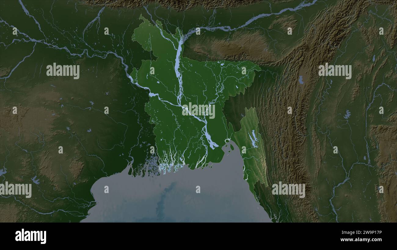 Bangladesh highlighted on a Pale colored elevation map with lakes and ...
