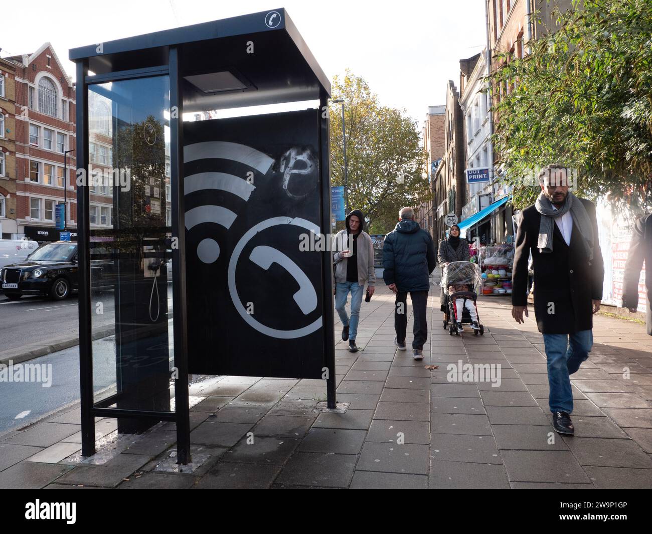 Public Wifi and telephone sign on bus stop, Whitechapel, London Stock ...