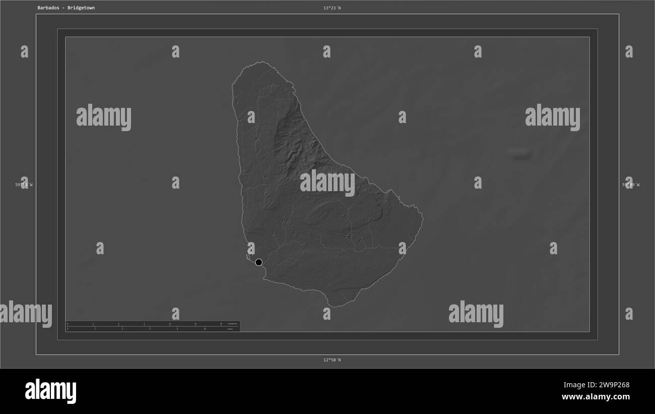 Barbados highlighted on a Bilevel elevation map with lakes and rivers map with the country's ...