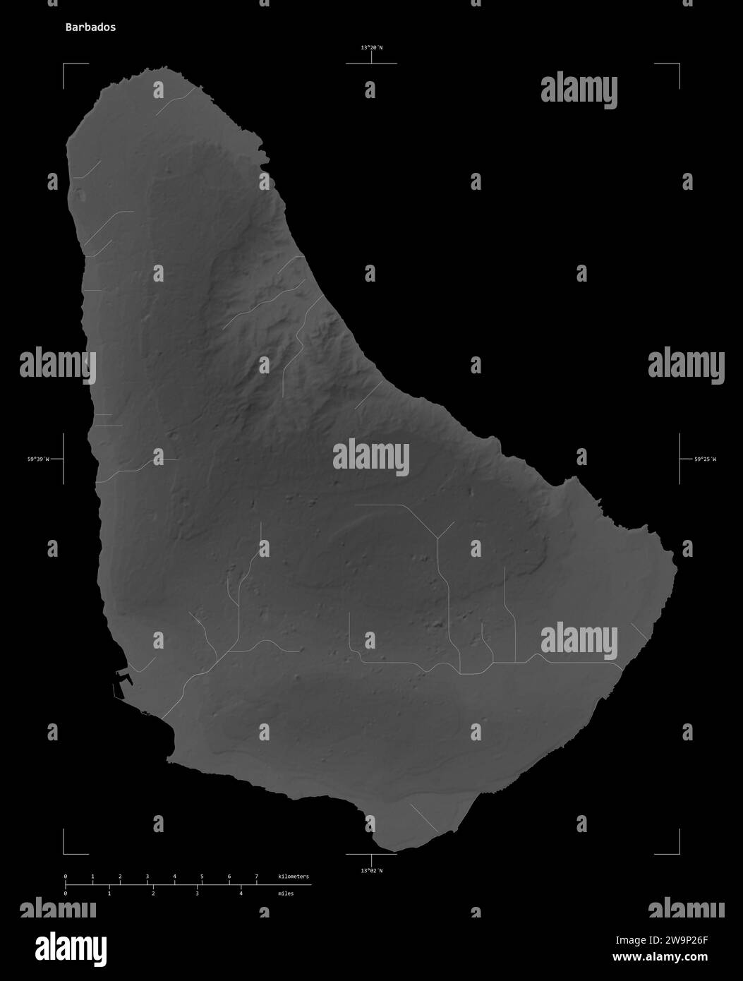 Shape of a Grayscale elevation map with lakes and rivers of the ...