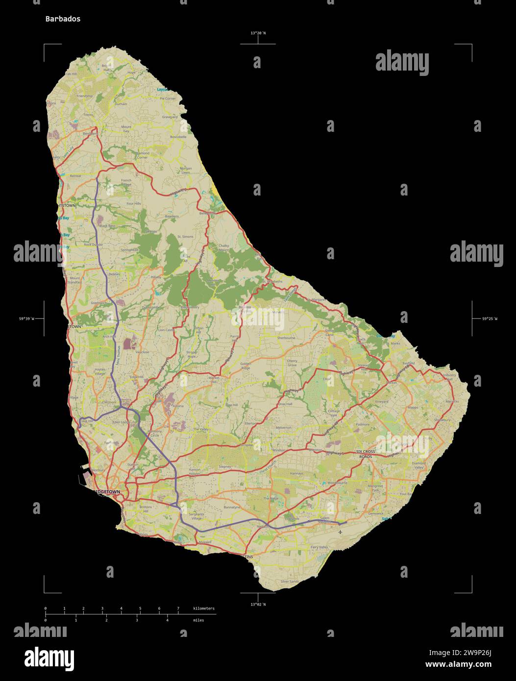 Shape of a topographic, OSM Humanitarian style map of the Barbados ...