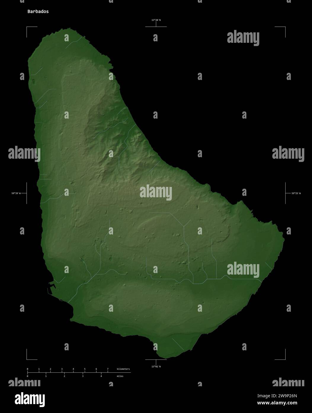 Shape of a Pale colored elevation map with lakes and rivers of the Barbados, with distance scale ...