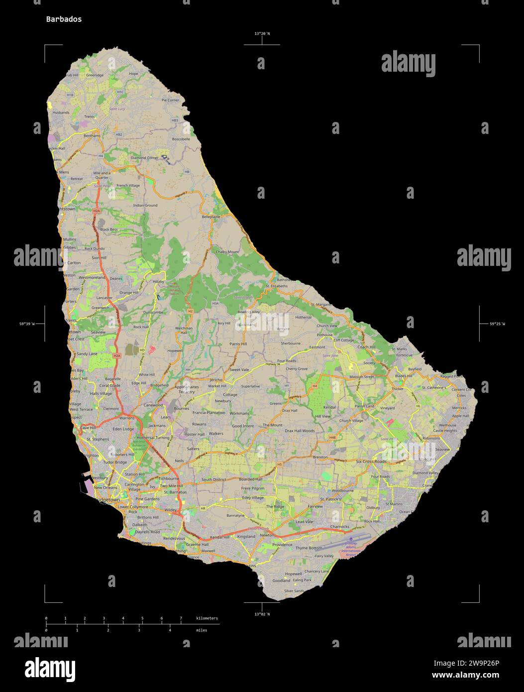 Shape of a topographic, OSM standard style map of the Barbados, with ...