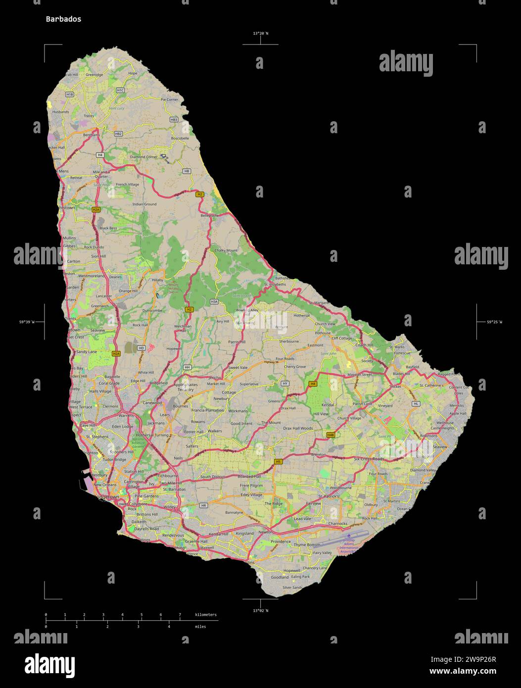 Shape of a topographic, OSM Germany style map of the Barbados, with ...