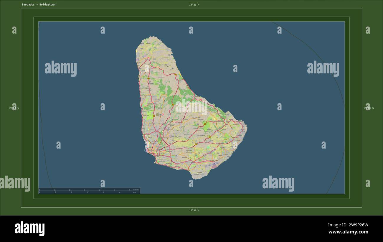 Barbados highlighted on a topographic, OSM Germany style map map with ...