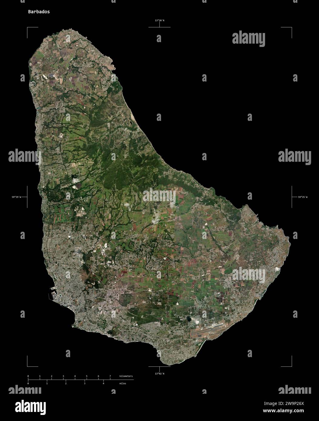 Shape of a high resolution satellite map of the Barbados, with distance ...