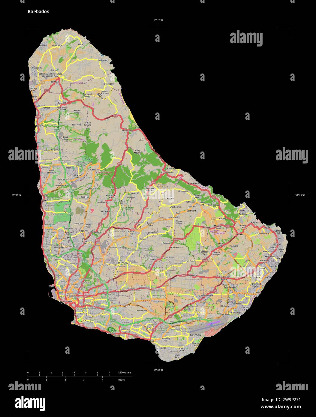Shape of a topographic, OSM France style map of the Barbados, with ...