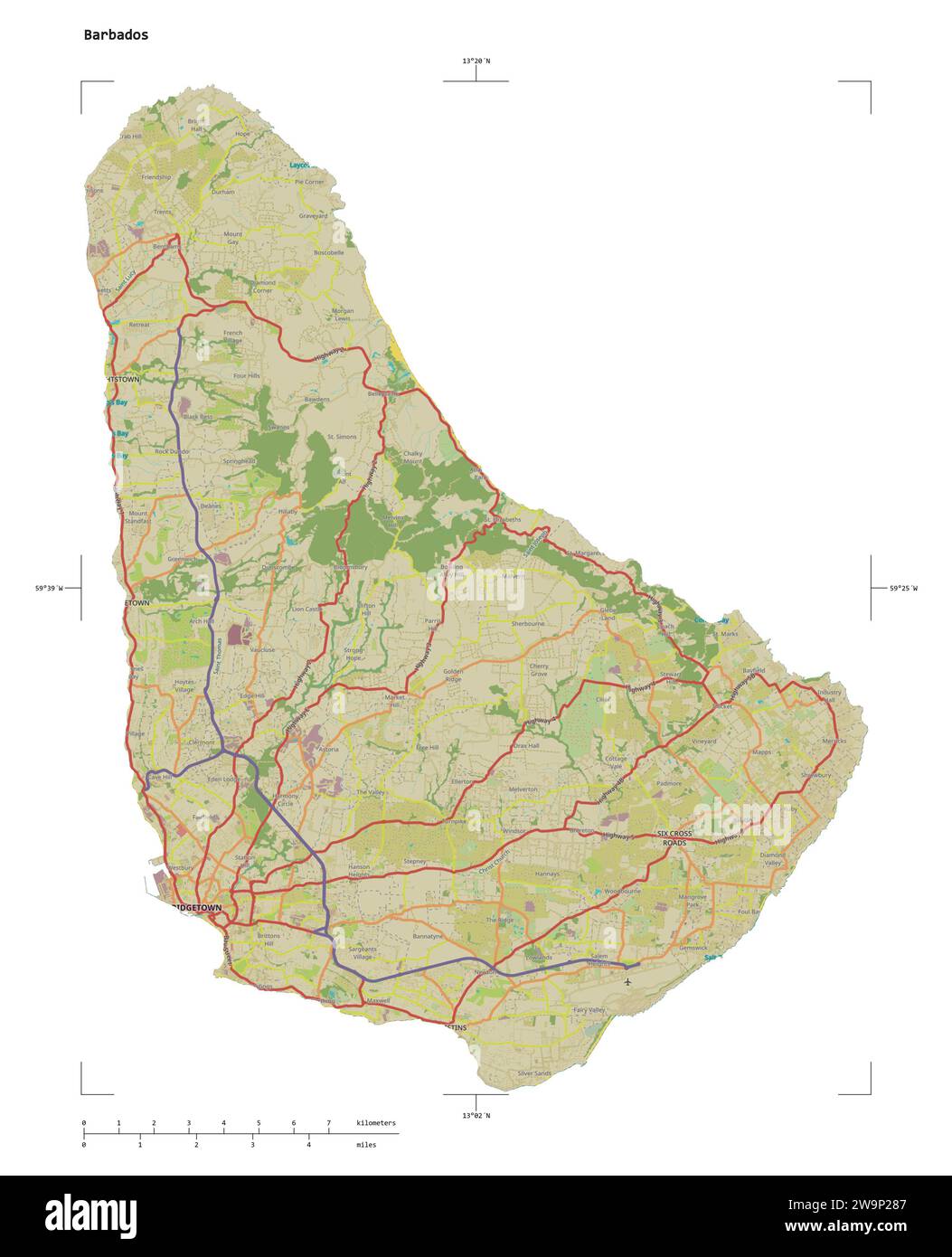 Shape of a topographic, OSM Humanitarian style map of the Barbados ...