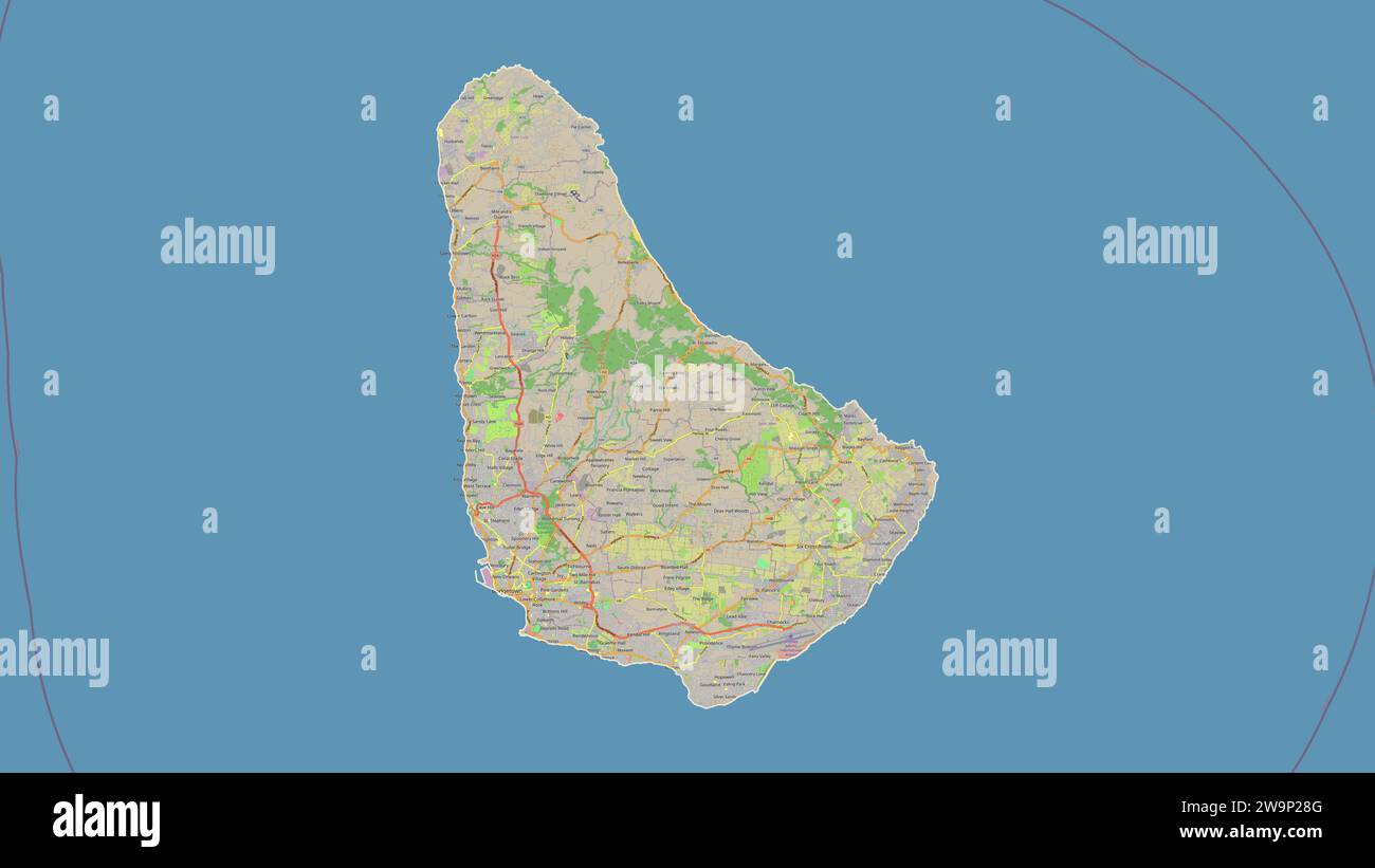 Barbados outlined on a topographic, OSM standard style map Stock Photo ...