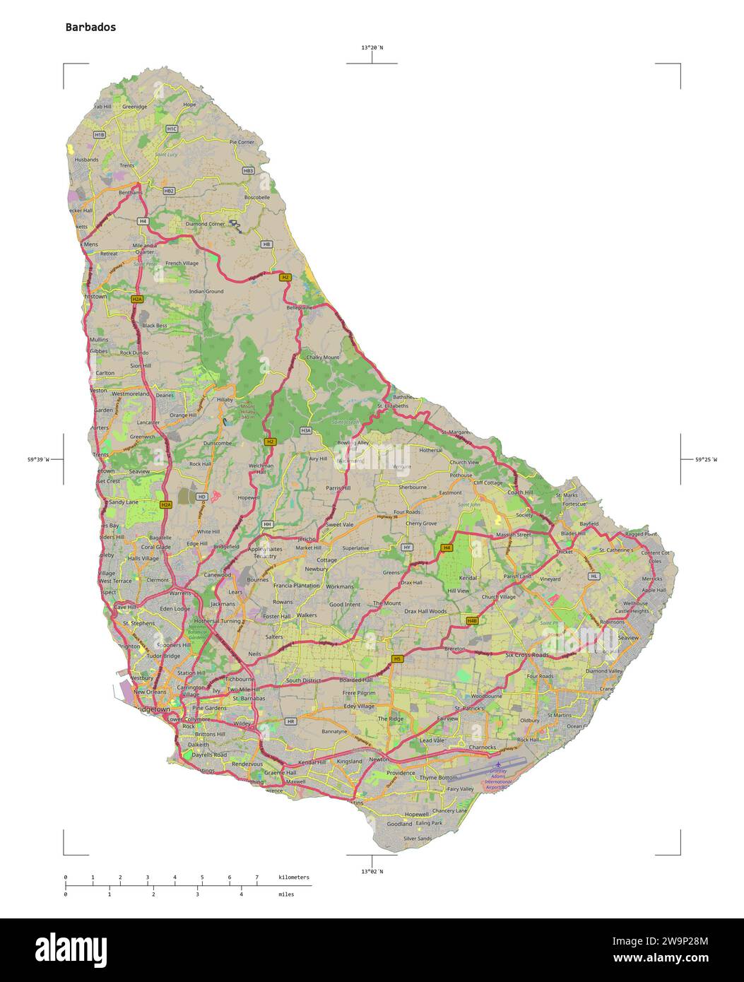 Shape of a topographic, OSM Germany style map of the Barbados, with ...