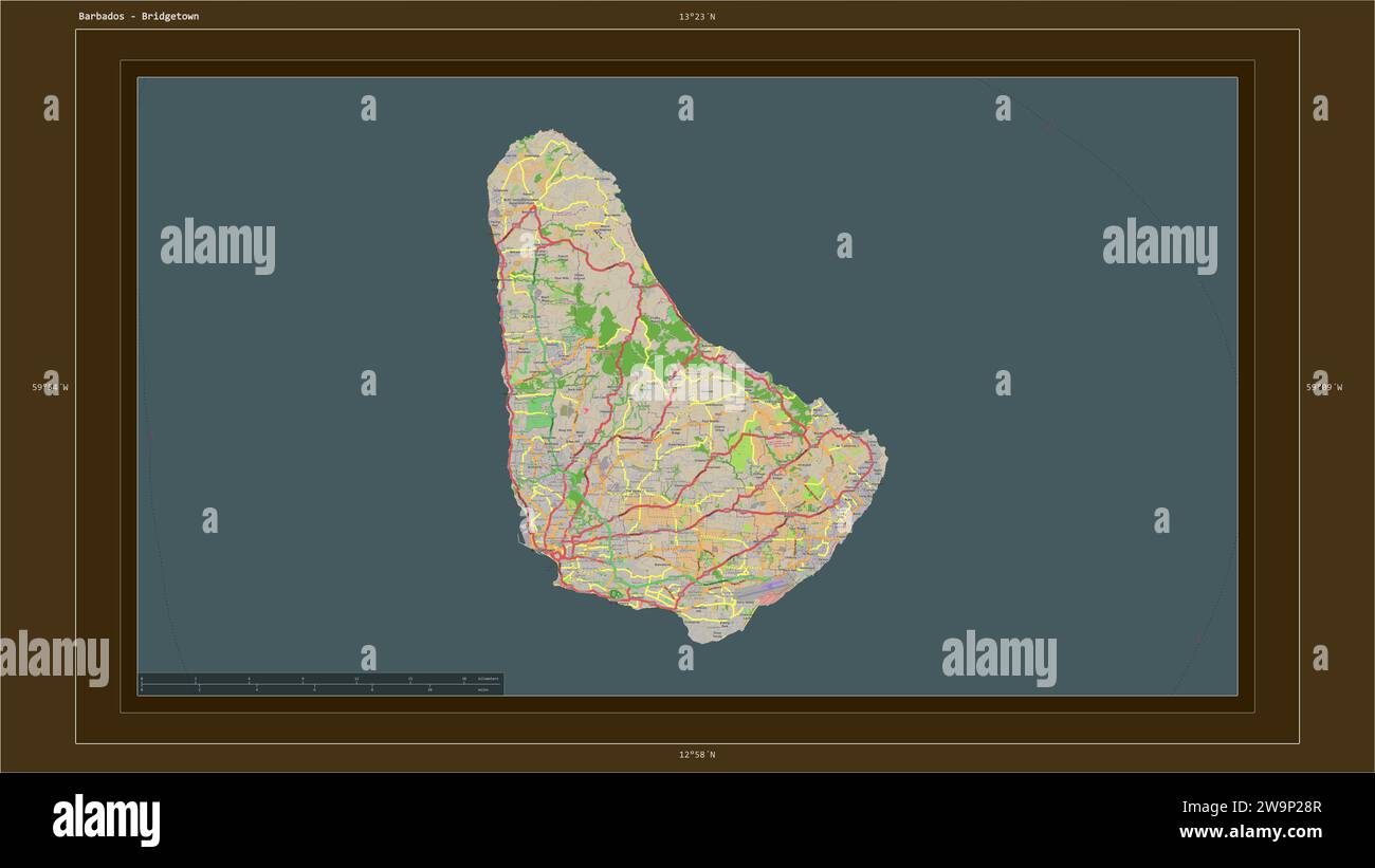 Barbados highlighted on a topographic, OSM France style map map with ...