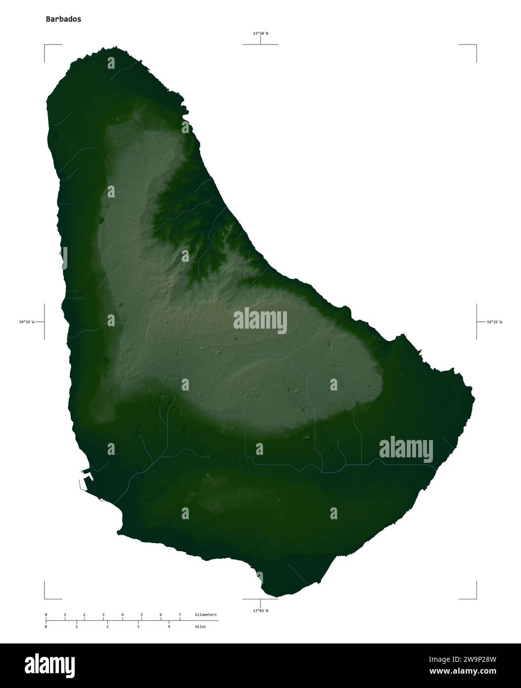 Shape of a Colored elevation map with lakes and rivers of the Barbados, with distance scale and ...