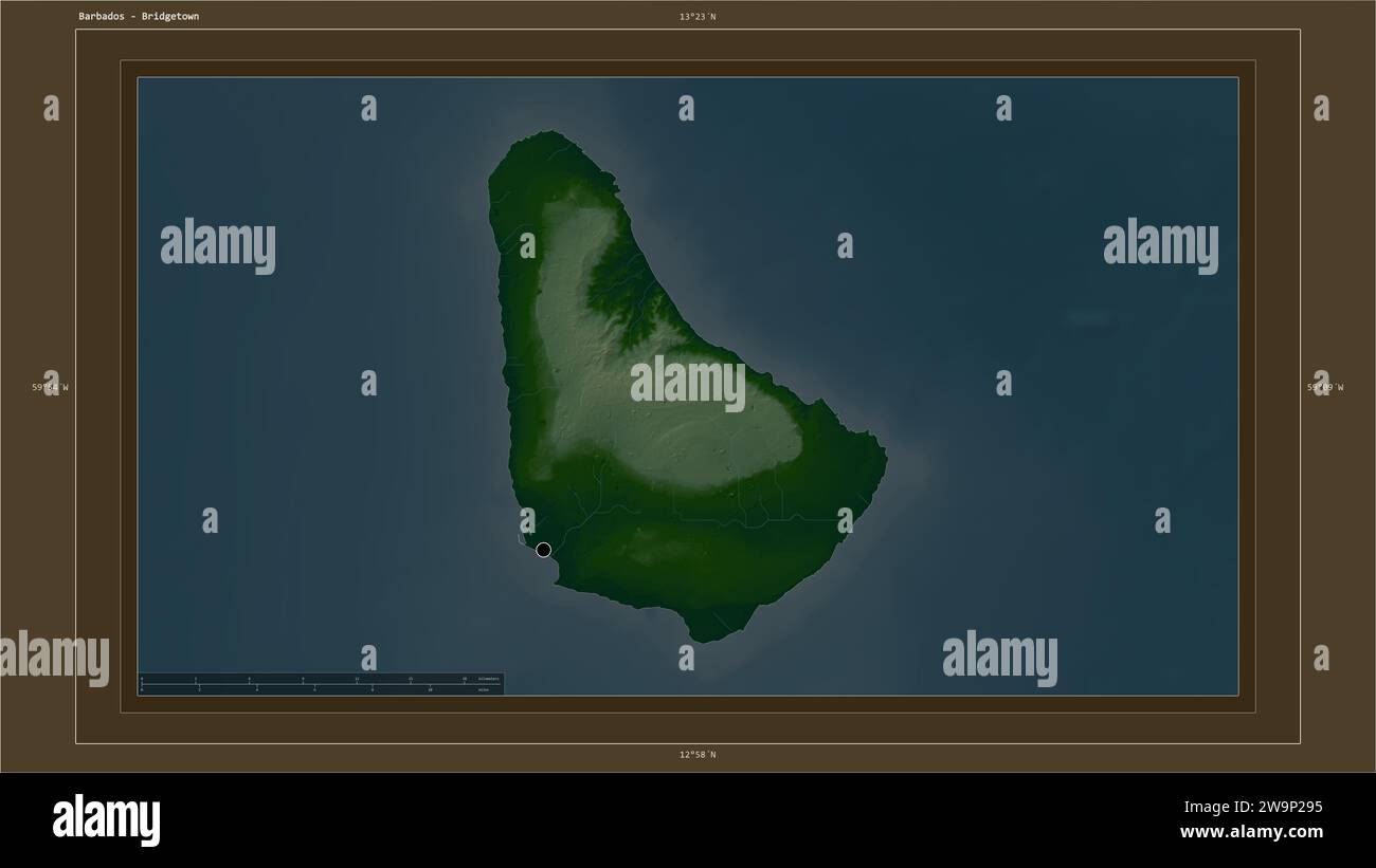 Barbados highlighted on a Colored elevation map with lakes and rivers map with the country's ...