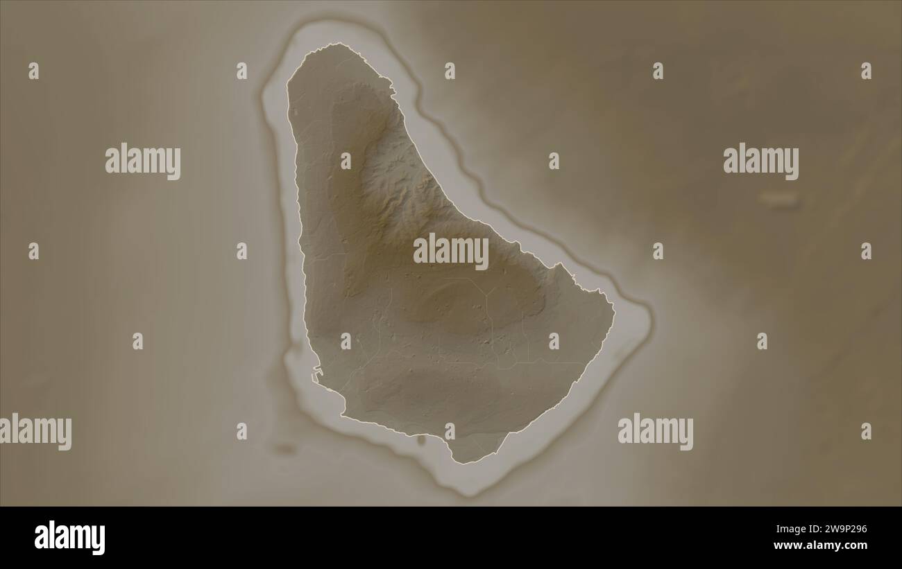 Barbados outlined on a elevation map colored in sepia tones with lakes ...