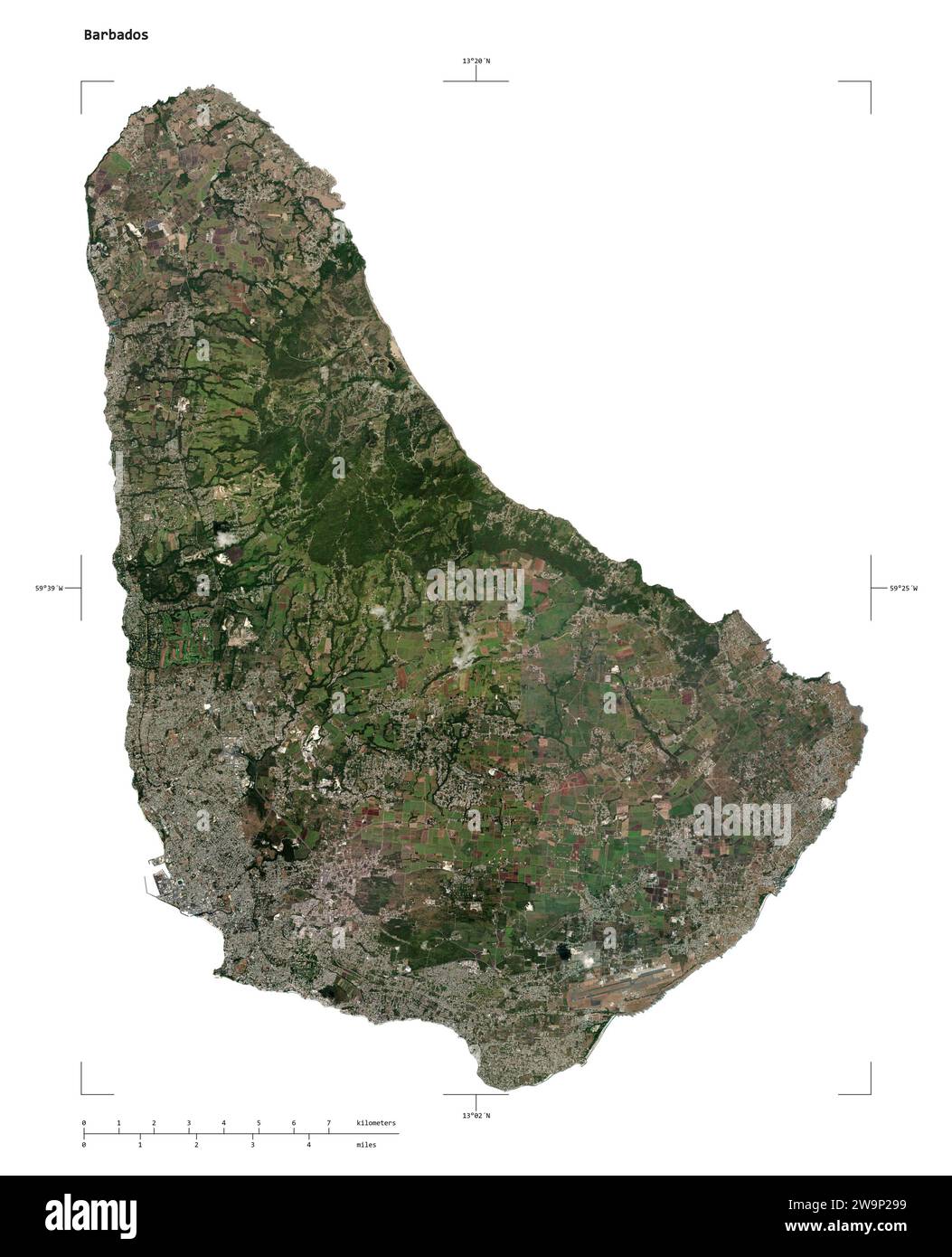 Shape of a high resolution satellite map of the Barbados, with distance ...