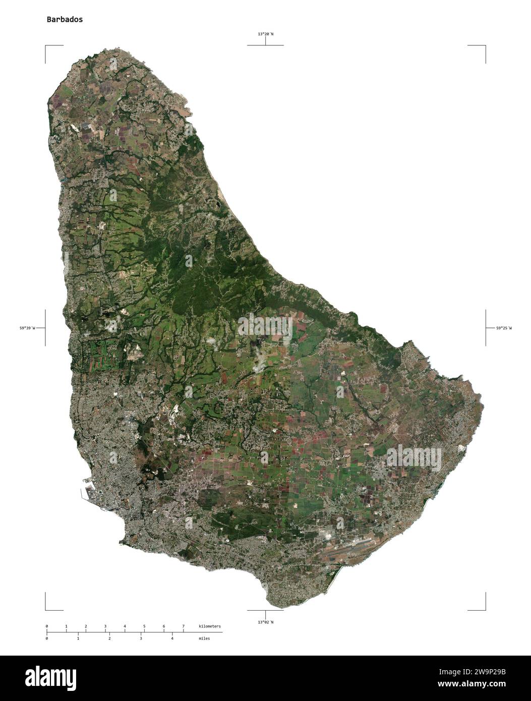 Shape of a low resolution satellite map of the Barbados, with distance ...