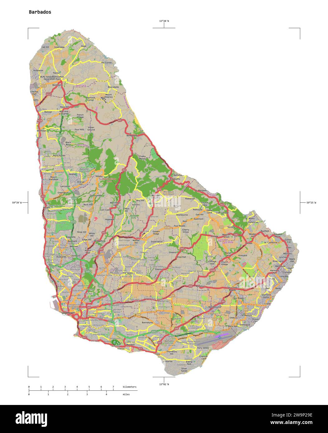 Shape of a topographic, OSM France style map of the Barbados, with ...