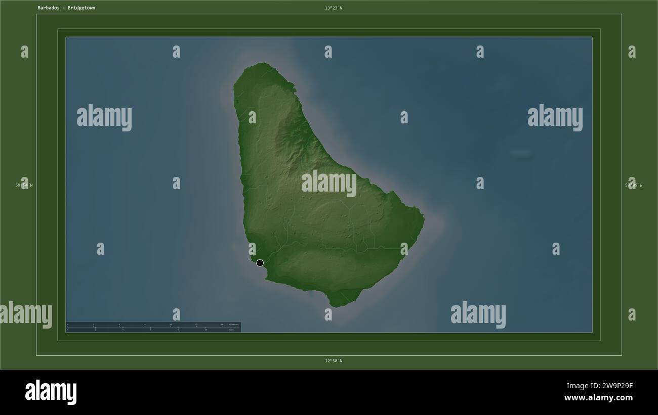 Barbados highlighted on a Pale colored elevation map with lakes and rivers map with the country ...