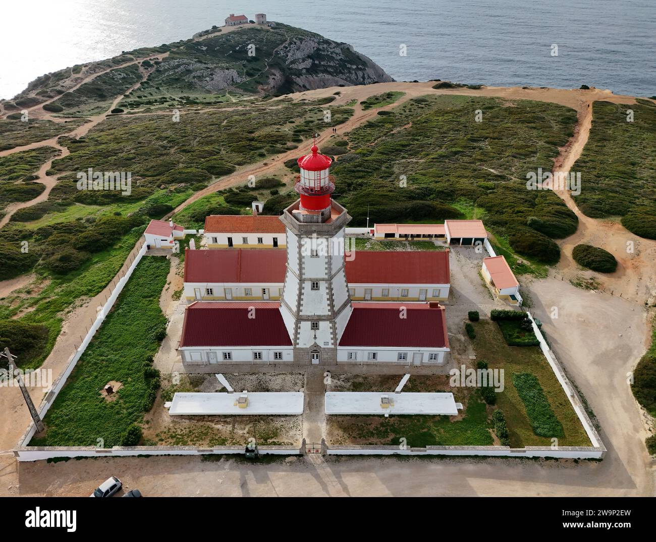 Aerial front elevation of the Cabo Espichel Lighthouse near to Sesimbra ...