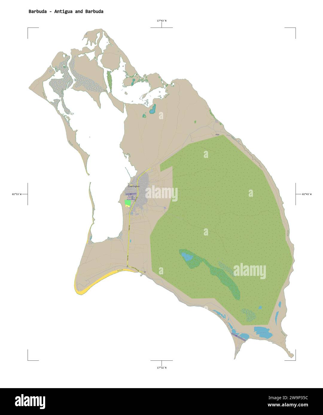 Shape of a topographic, OSM Germany style map of the Barbuda - Antigua and Barbuda, with ...
