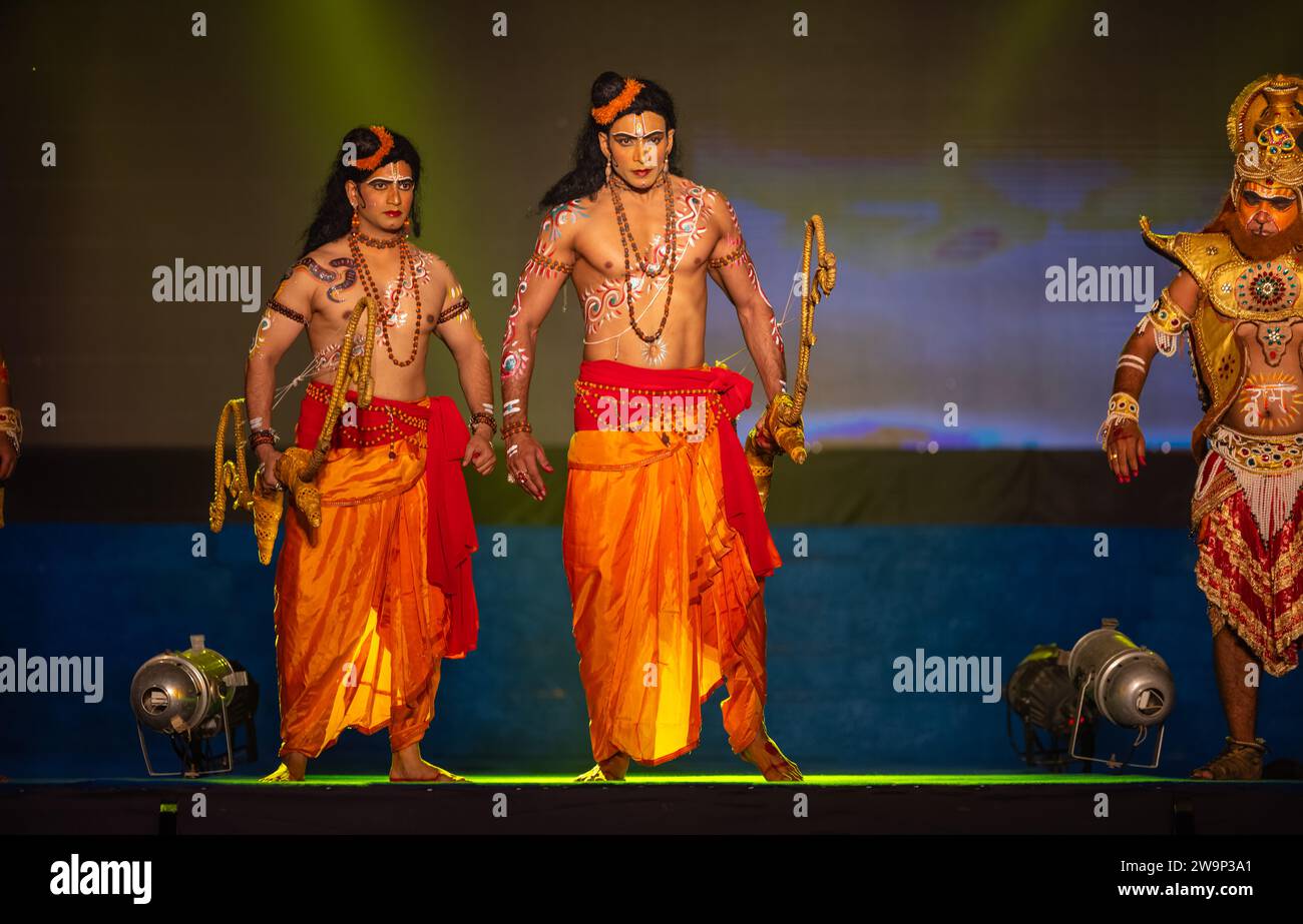 Portrait of a male artist playing character of hindu god ram and laxman ...