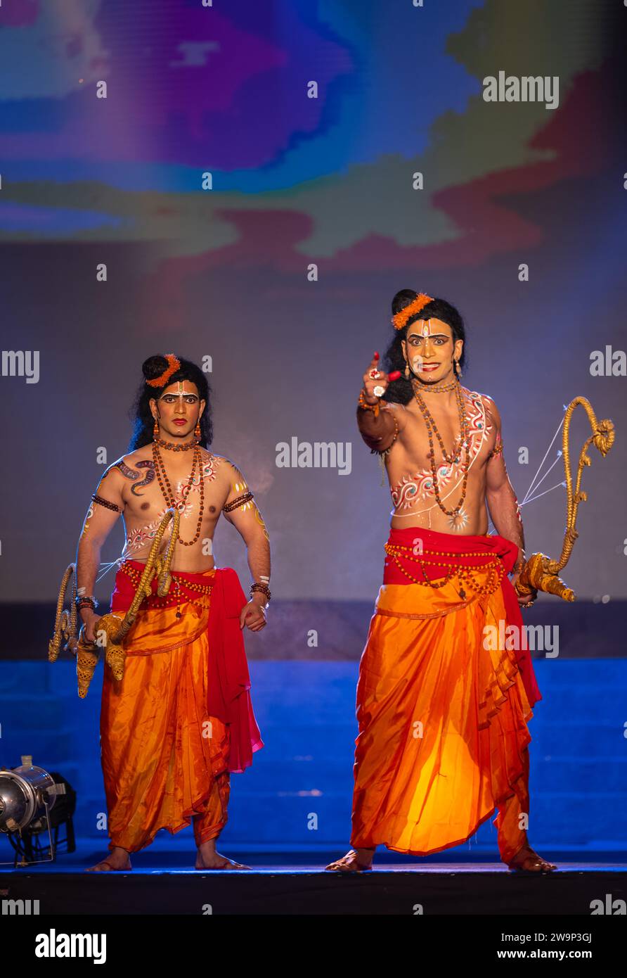 Portrait of a male artist playing character of hindu god ram and laxman ...